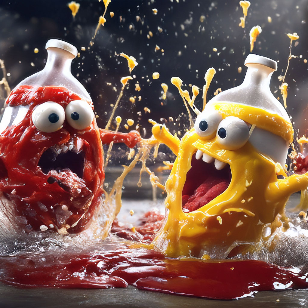 "Mayonnaise vs. Ketchup, battle! a fight! epic, splashes, two monsters ...