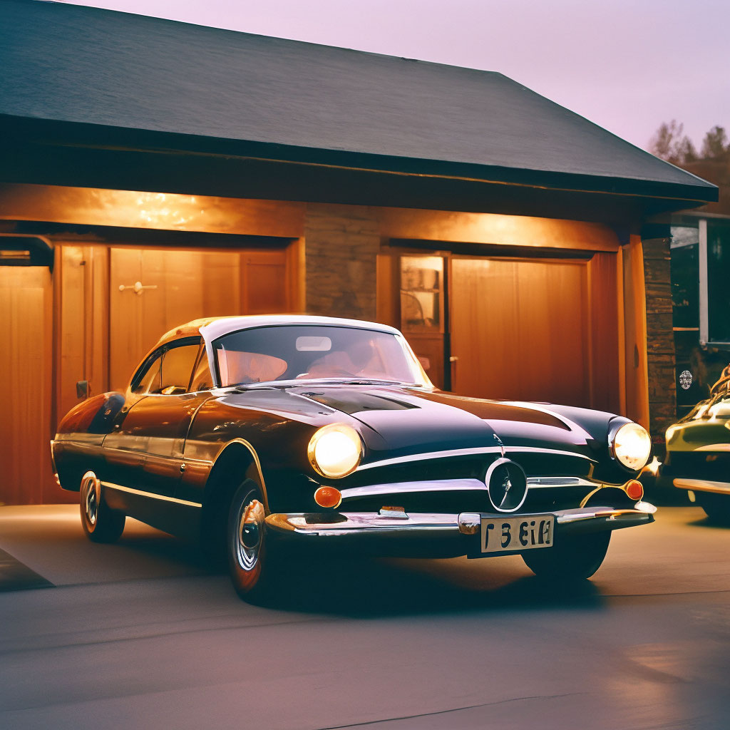 "Vintage car collector, garage, dusk, low angle, Kodak Portra 400 style ...