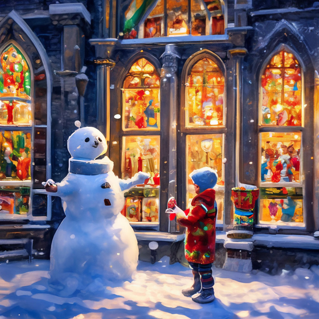"A boy of about five makes a snowman,an ancient city street,large ...