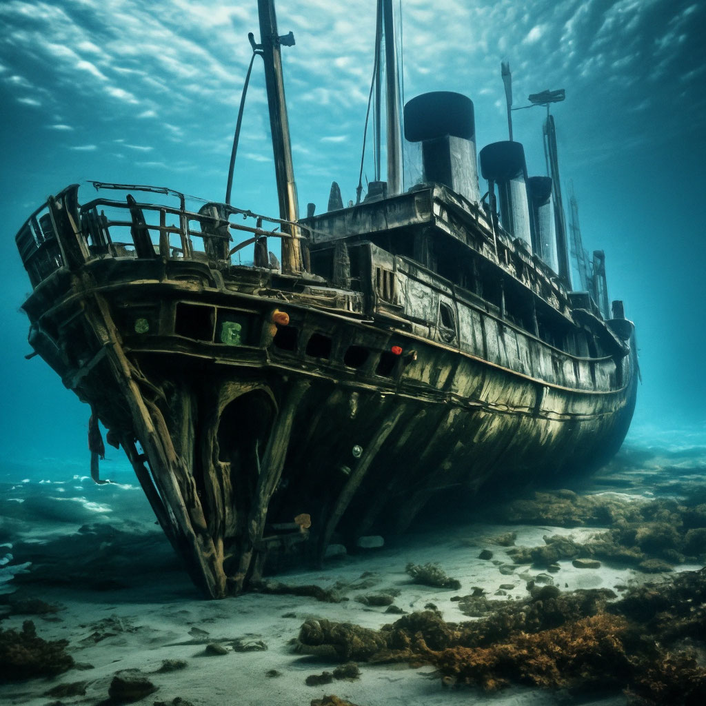 "Destroyed,abandoned ship at the bottom of the ocean, beautiful ...