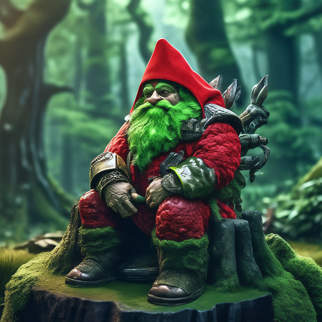 "A big green dwarf, sitting in a red hood, on a stump in the forest ...