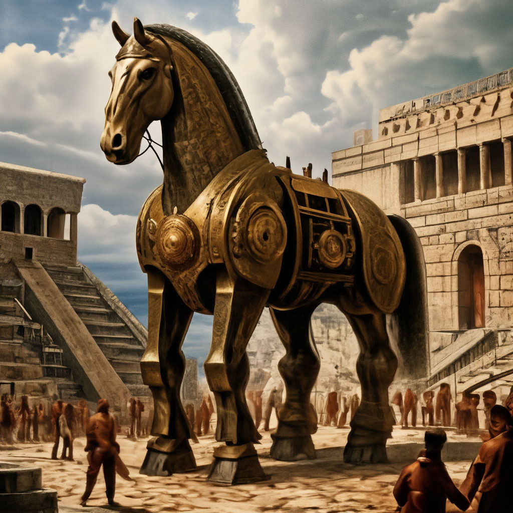 "The Trojan horse inside the walls of Troy" — image created in Shedevrum