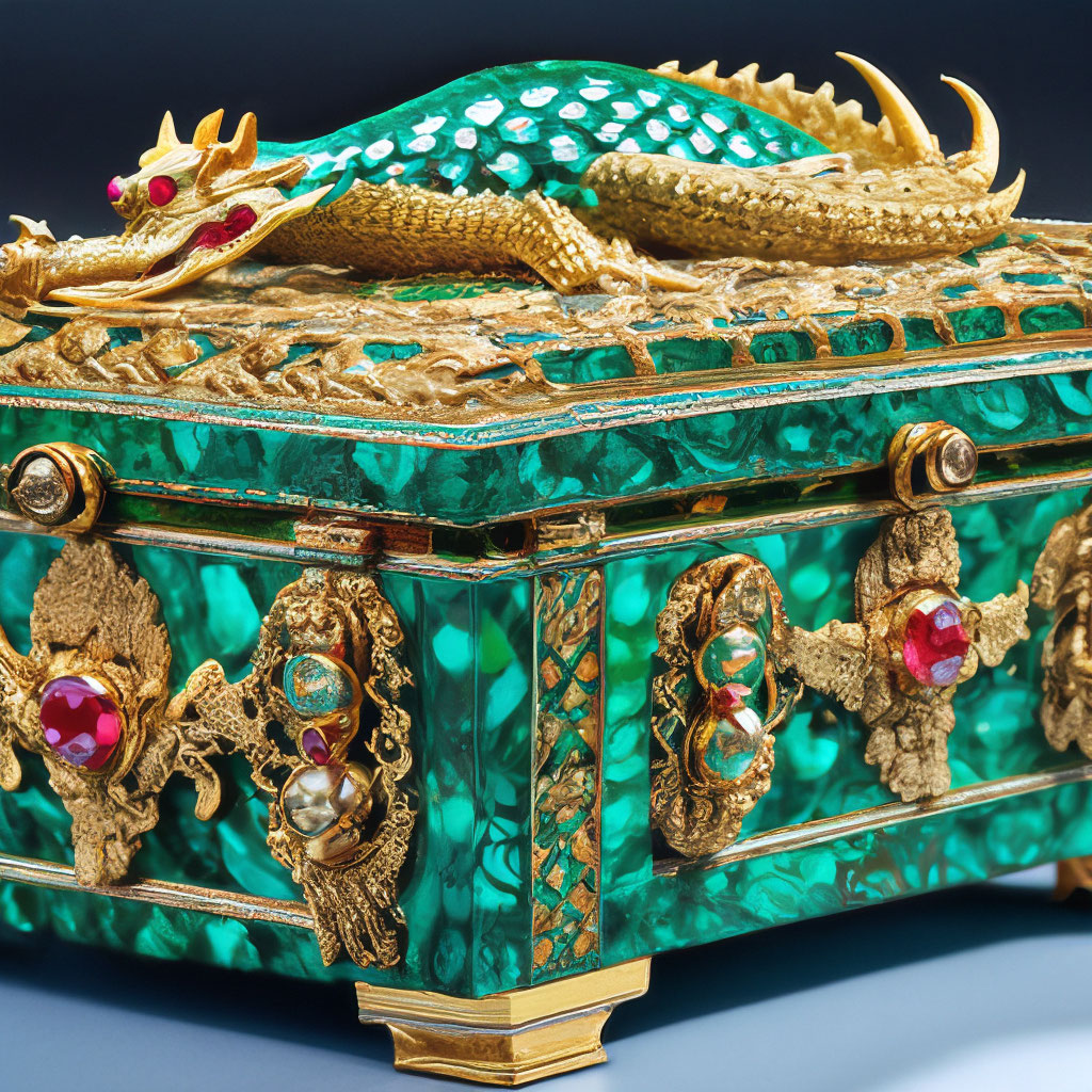 "Beautiful malachite filigree casket on top of the lid sits a golden ...