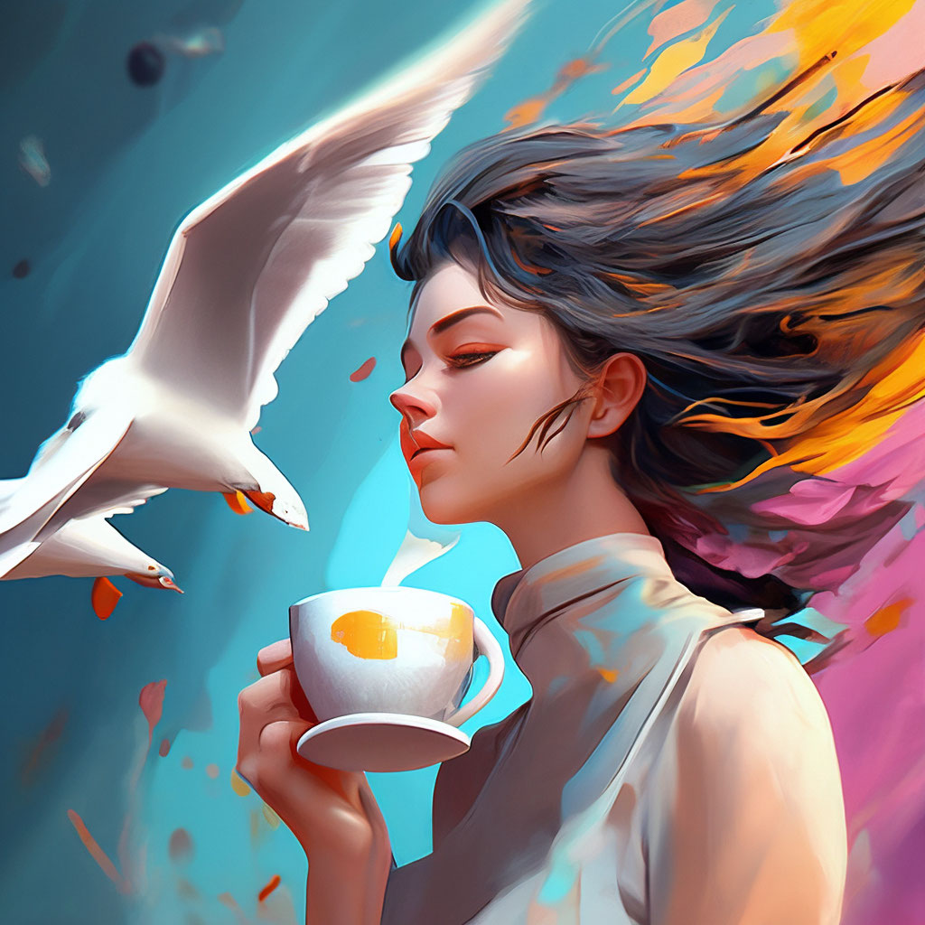 "Girl with a bird concept art, a cup of coffee, wind in your hair ...