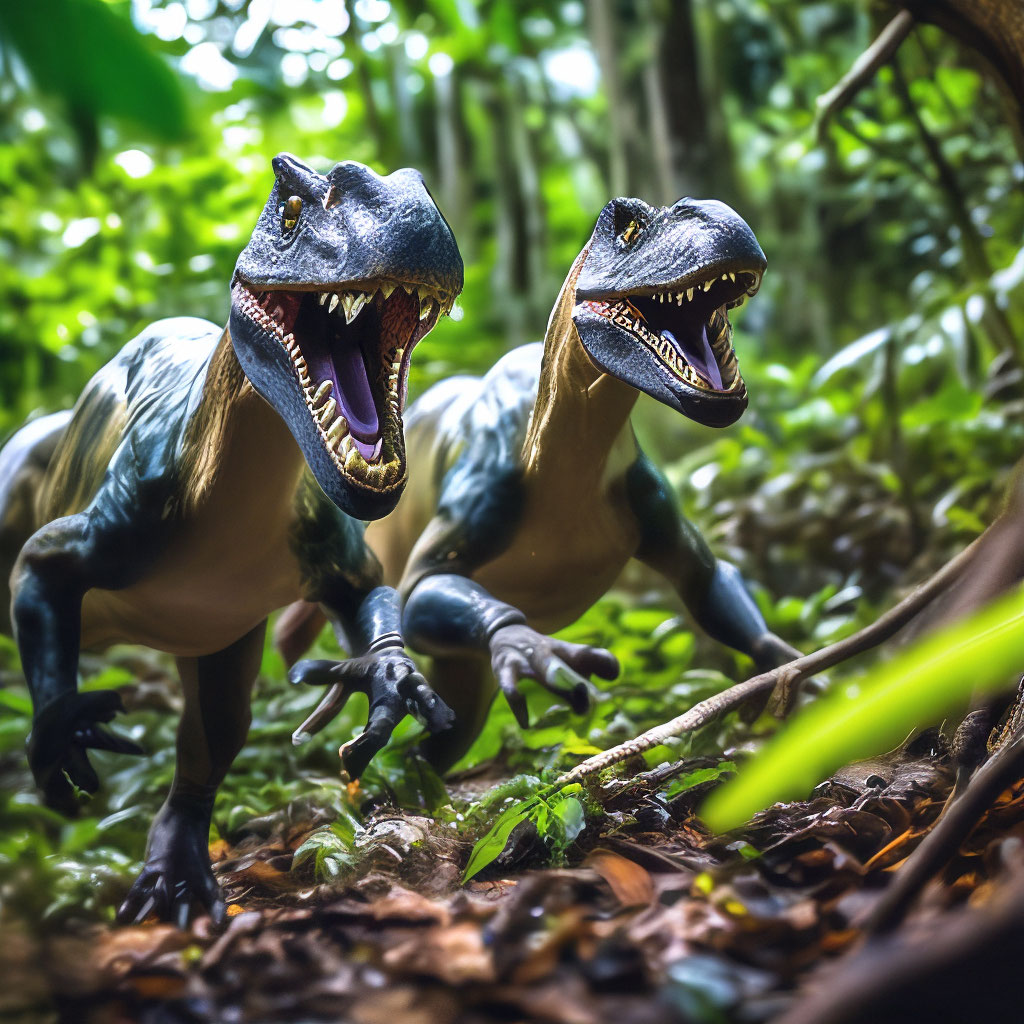 "Two Allosaurus —fully visible, hunting in the jungle, running fast ...
