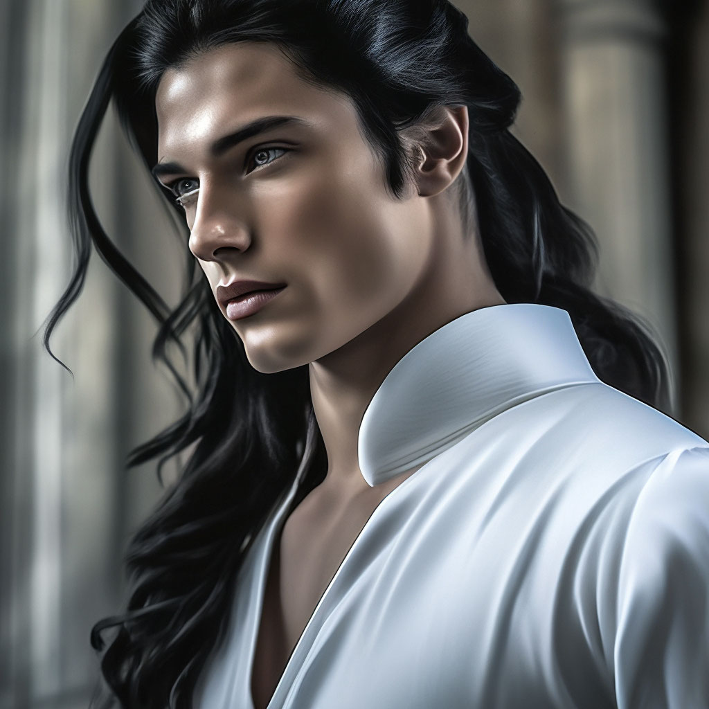 "Rector, detailed, aesthetic, handsome man, long black hair pulled back ...