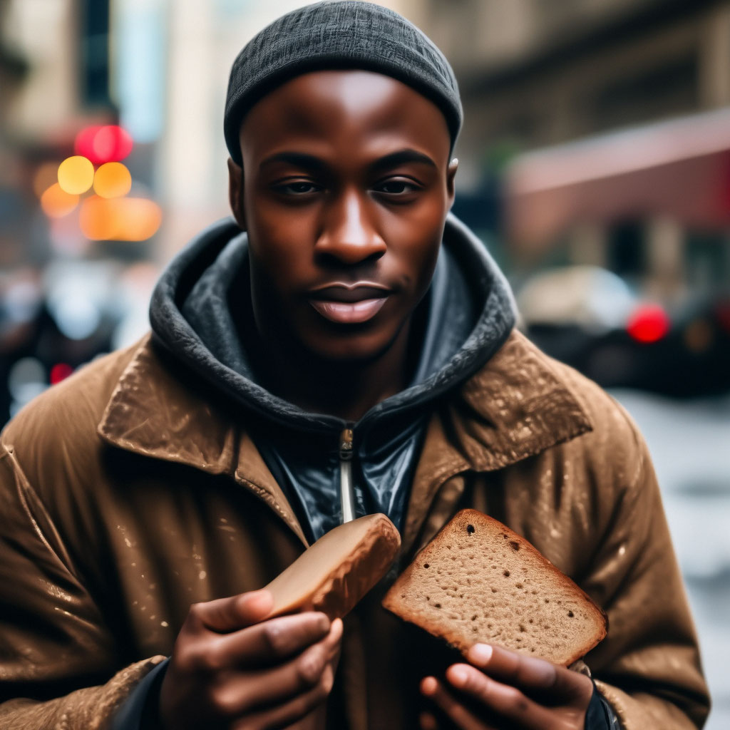 "An African man eats rye bread in New York" — image created in Shedevrum