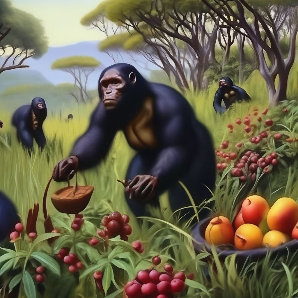 "Australopithecines collect berries and fruits. the bodies are covered ...