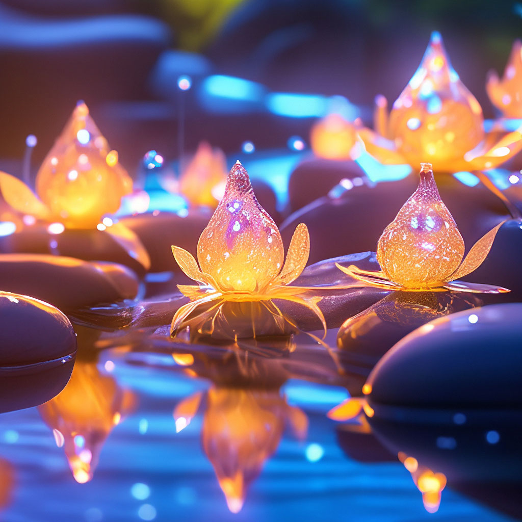 "Bioluminescent ethereal water elementals nesting in a pond among rocks ...