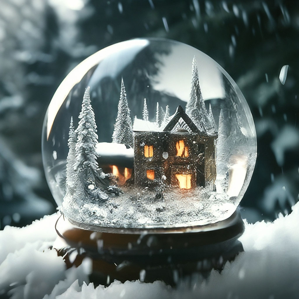 "Small crystal, icy white snowflakes inside in a crystal ball, snowfall ...