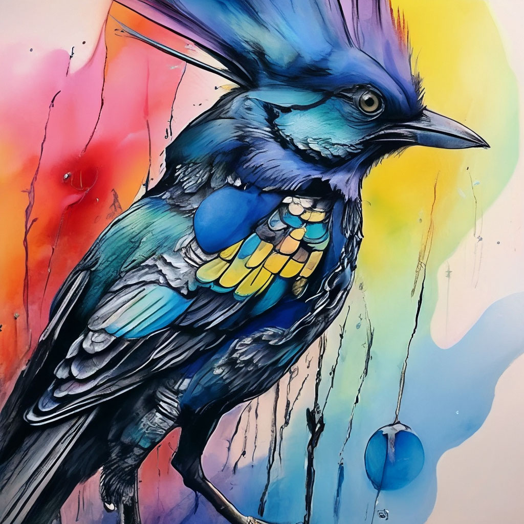 "Punk bird,avant-garde,watercolor,postmodern,detailed ink drawing ...