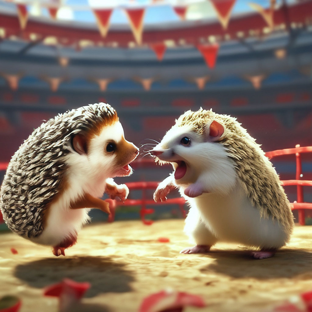 "Hedgehog vs hamster, fighting in the arena" — image created in Shedevrum