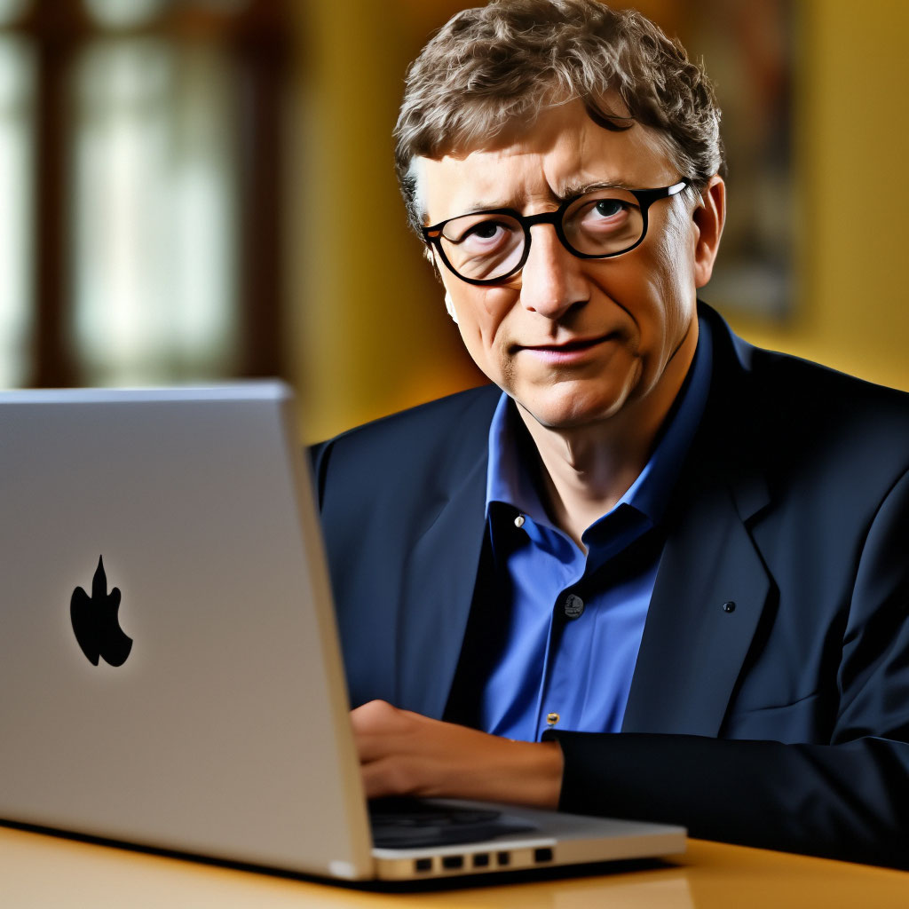 "Bill Gates at the Apple Mac laptop" — image created in Shedevrum