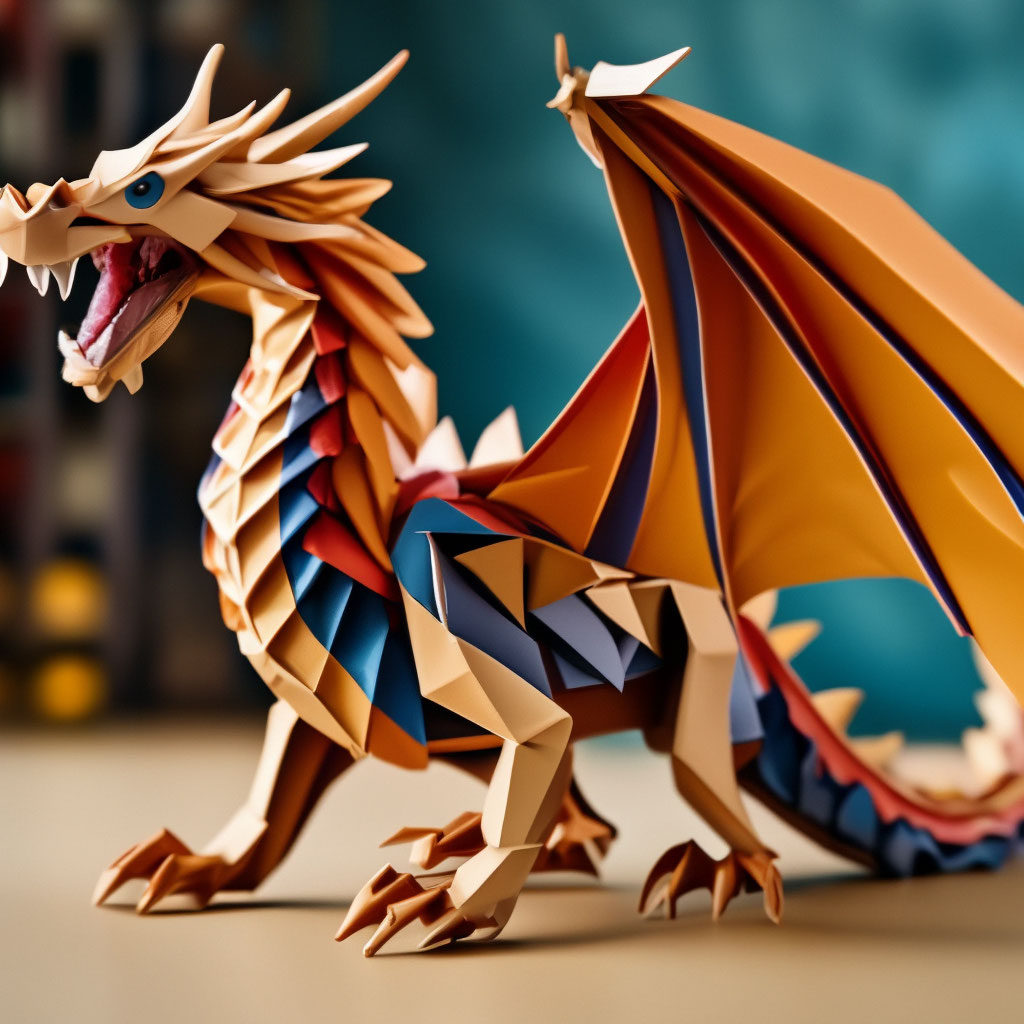 "Photorealistic scene: beautiful origami dragon created from colored ...