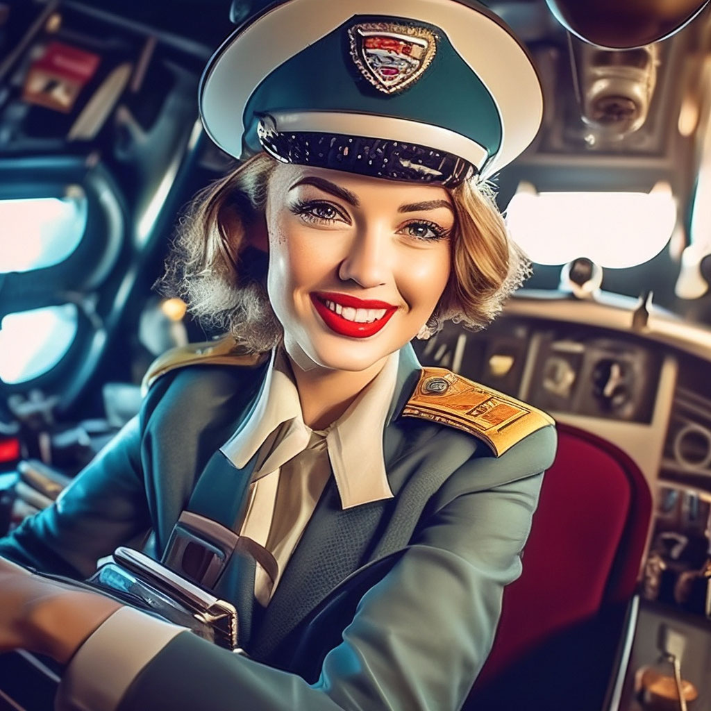 "Retro girl airplane pilot, in the cockpit, in a suit, in a cap, in ...