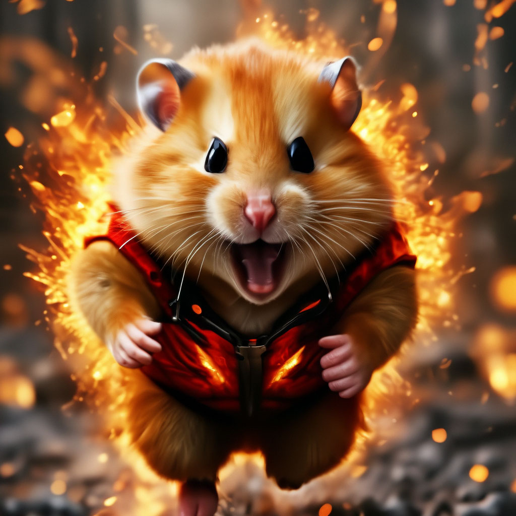 "A big, angry, furious fire hamster runs into the camera. There's fire ...