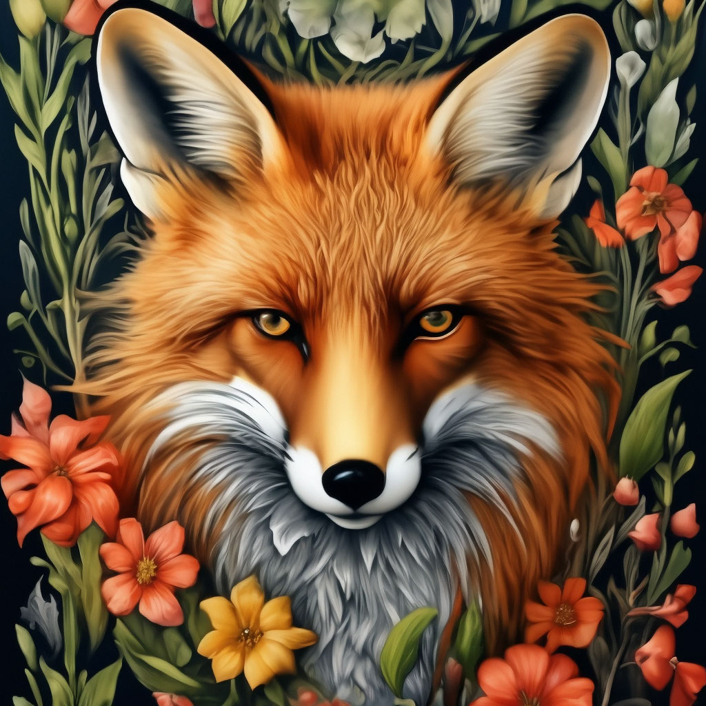 "Fox color drawing in the style of botanical atlas, black paper ...