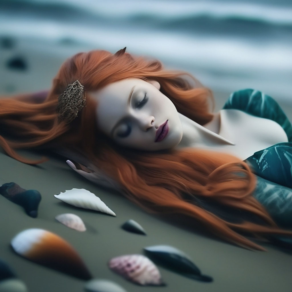 "Lay down on the shore blurred mermaid head sick" — image created in ...