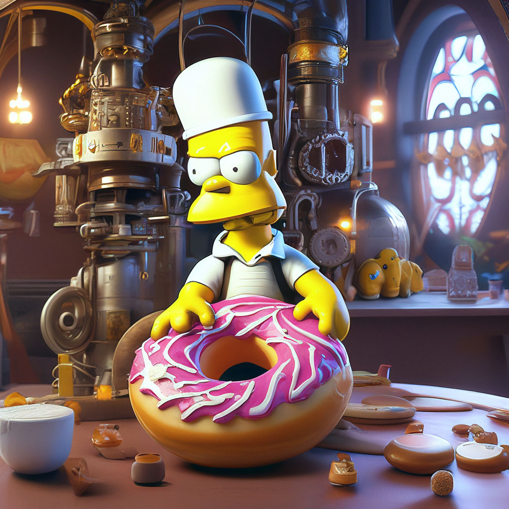 "Simpson, CGI graphics, rendering, animation, steampunk style, donut 🍩 ...