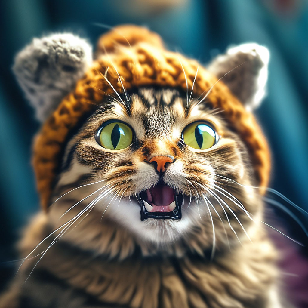 "Creep funny bug-eyed cat, in a knitted hat with a pampon, detailed ...