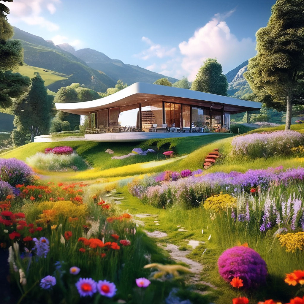 "Country house landscape valley flower garden meadow grass entoarch ...