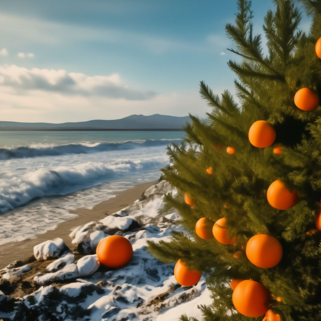 "Thickets of Christmas trees with juicy tangerines, sunny beach, it's ...