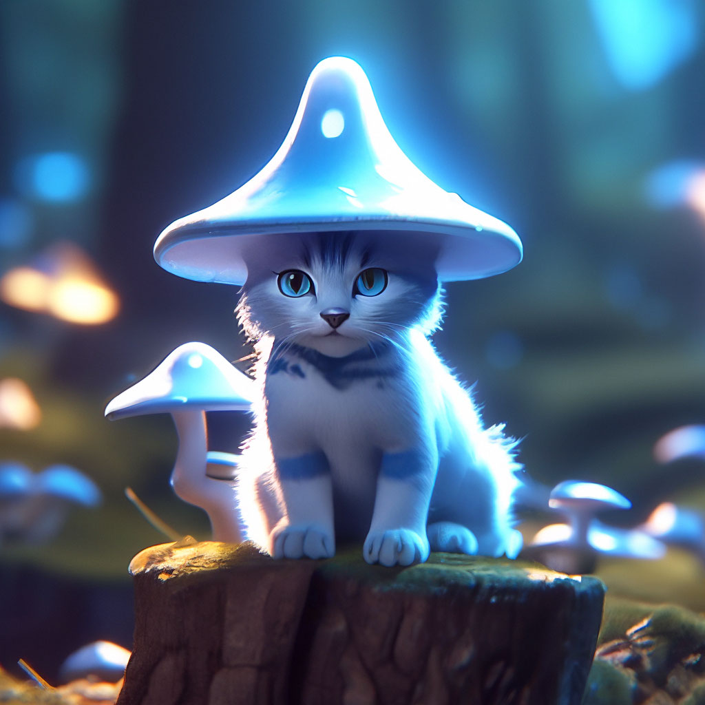 "Shailushay 🐱🍄 Blue cat with a white mushroom cap sitting on a stump ...