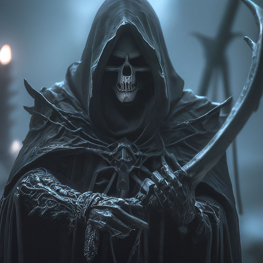 "Death with a scythe, a necromorphic face with creepy eyes, a black ...
