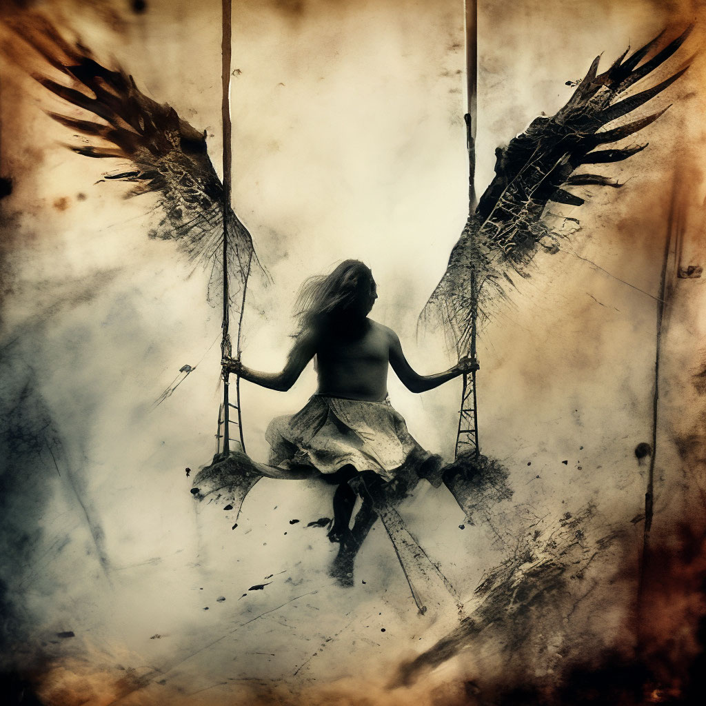 "Winged swing, grunge art" — image created in Shedevrum