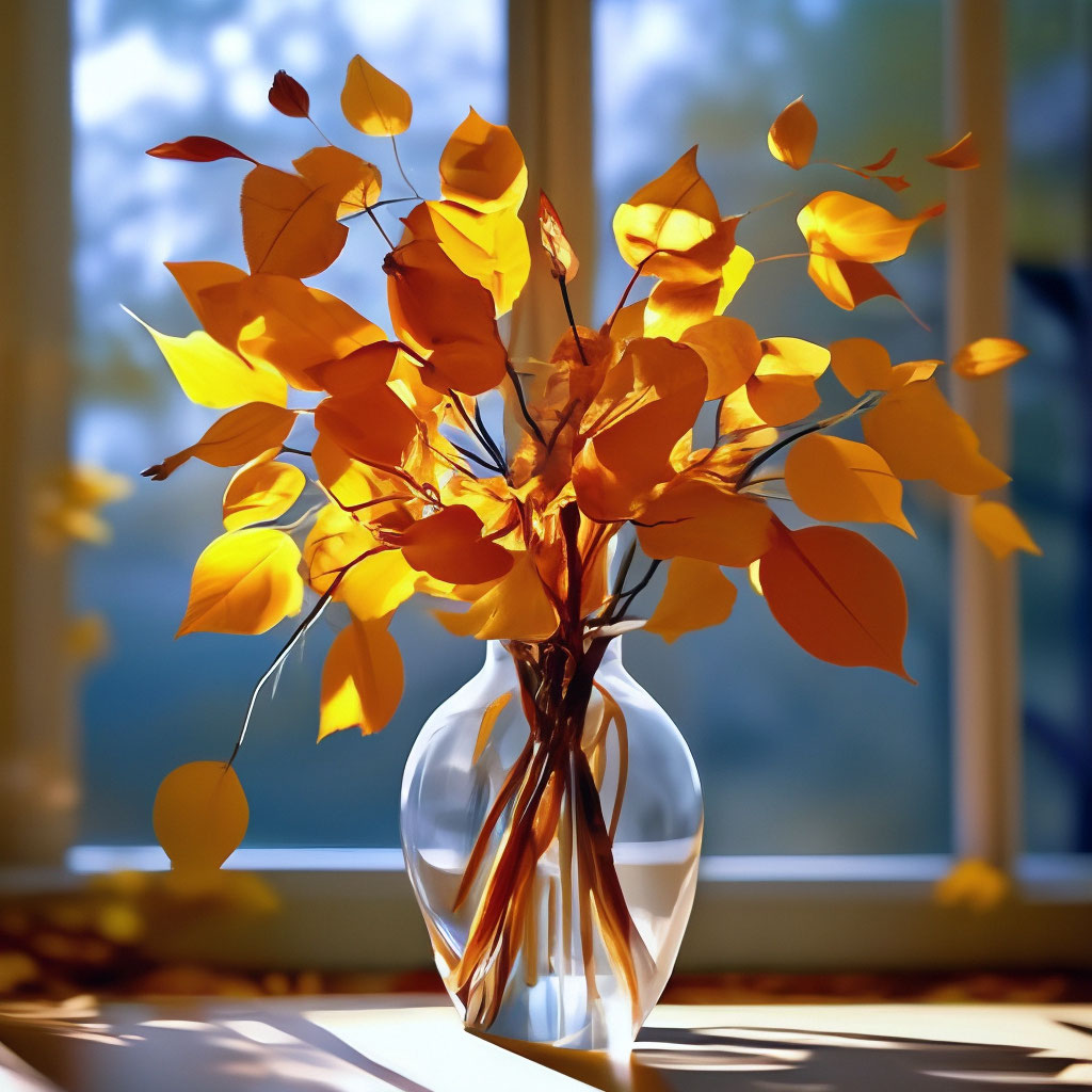 "Bouquet of autumn leaves in a transparent vase, filigree style ...
