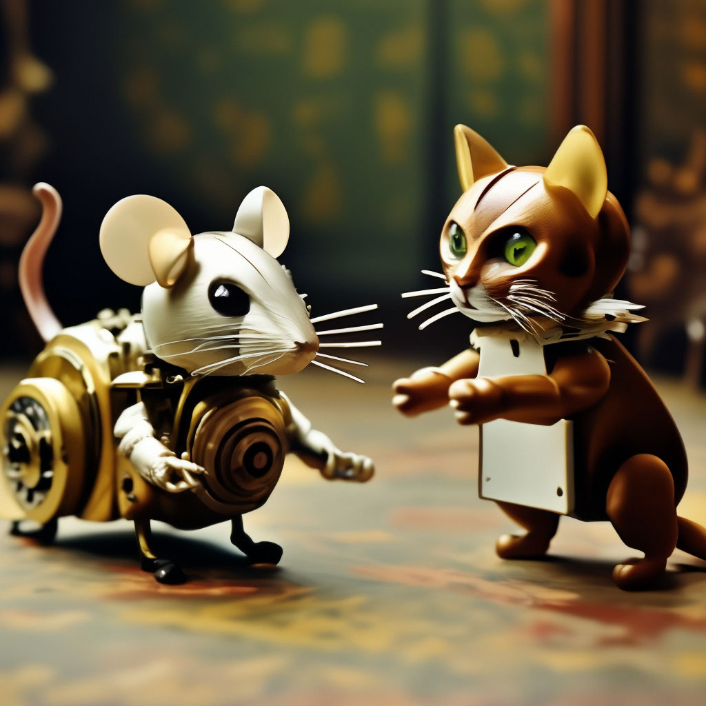 "A clockwork mouse runs away from a clockwork cat" — image created in ...
