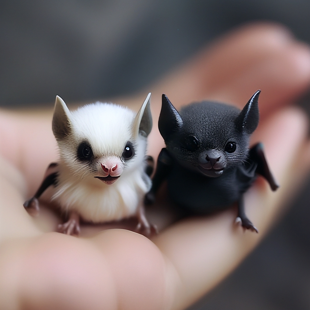 "Two small miniature live bats in the palm of your hand, one black, the ...