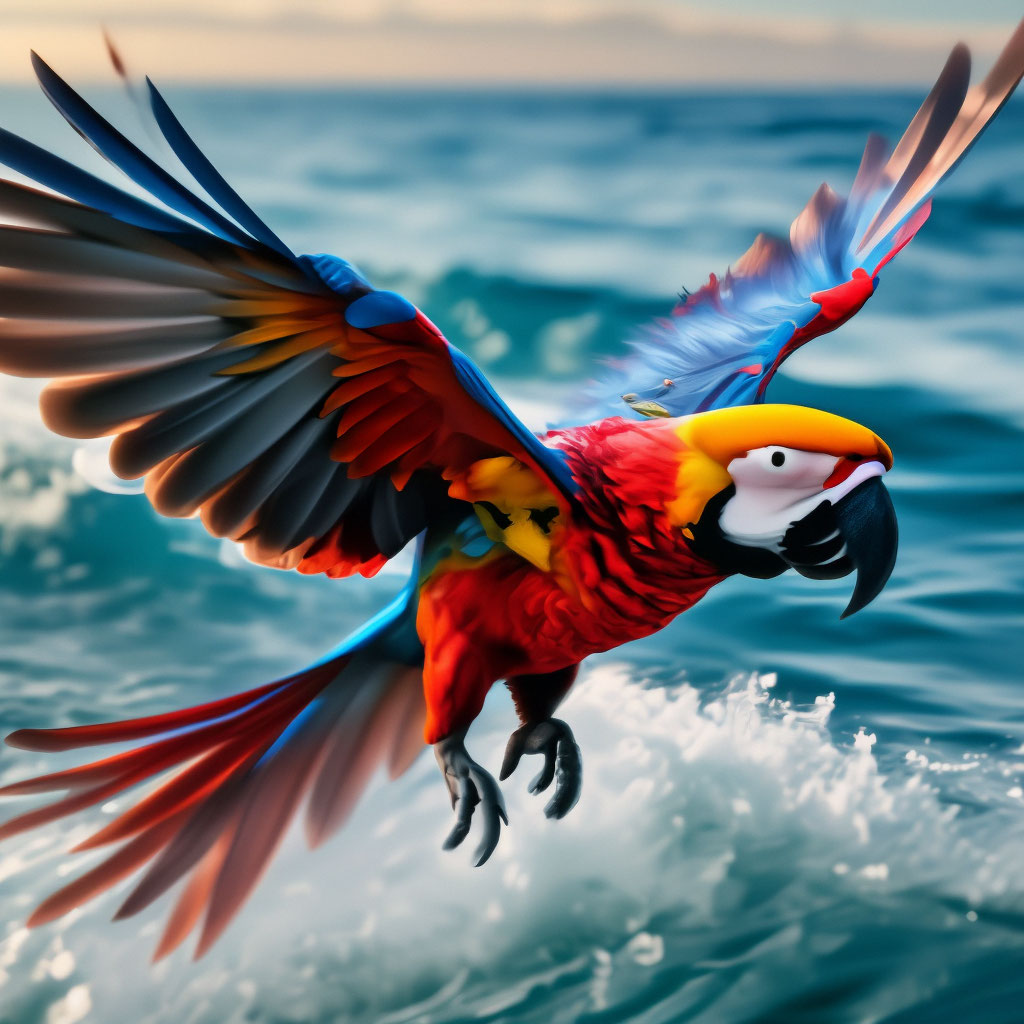"Macaw parrot flies over the open ocean , aesthetically pleasing ...
