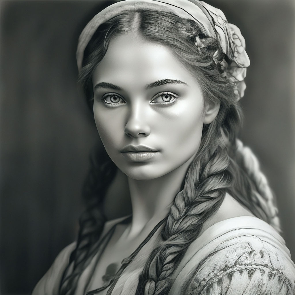 "Pencil sketch, a Don Cossack woman aged 35-49, a white-skinned and ...
