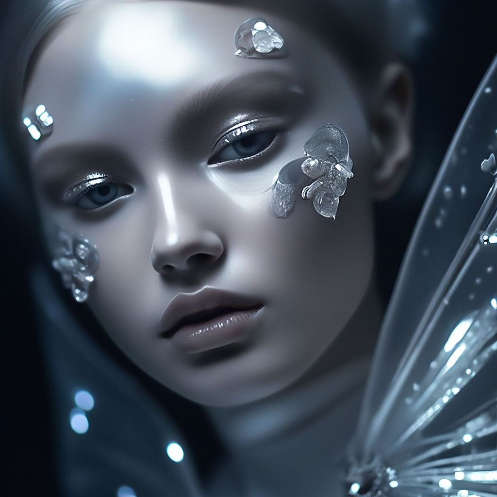 "Pearlescent powder on the face, metallic eyeshadow. Silver tears ...