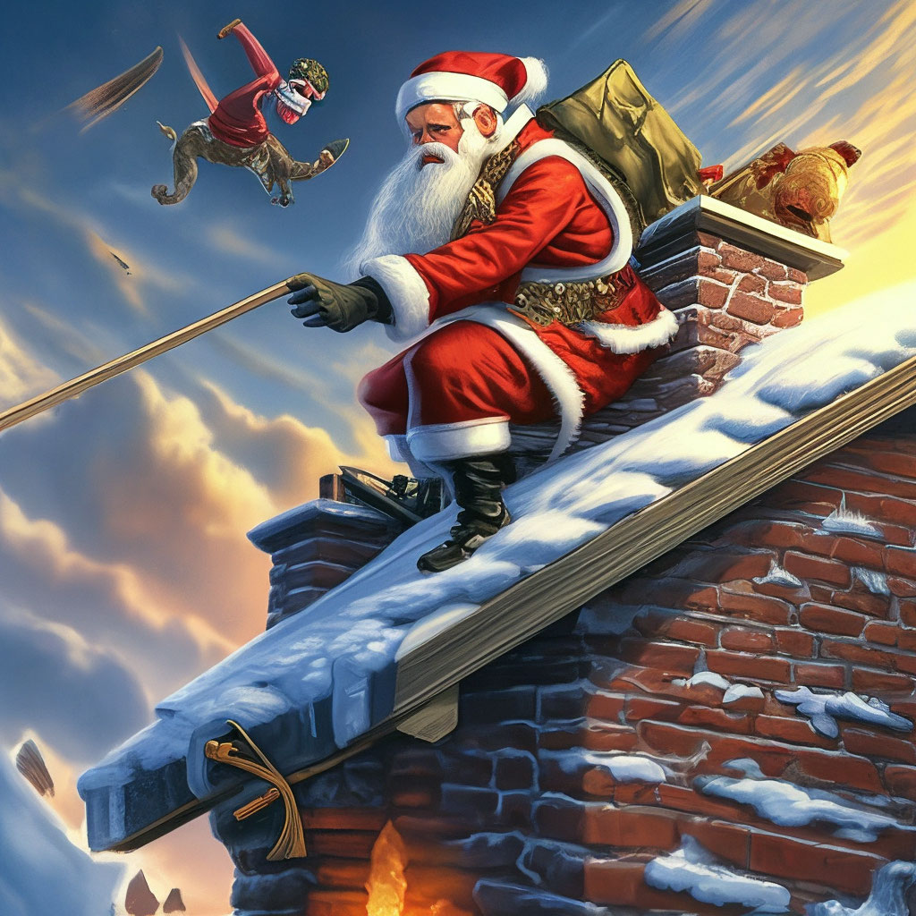 "Santa Claus on the roof climbs into the chimney of the fireplace ...