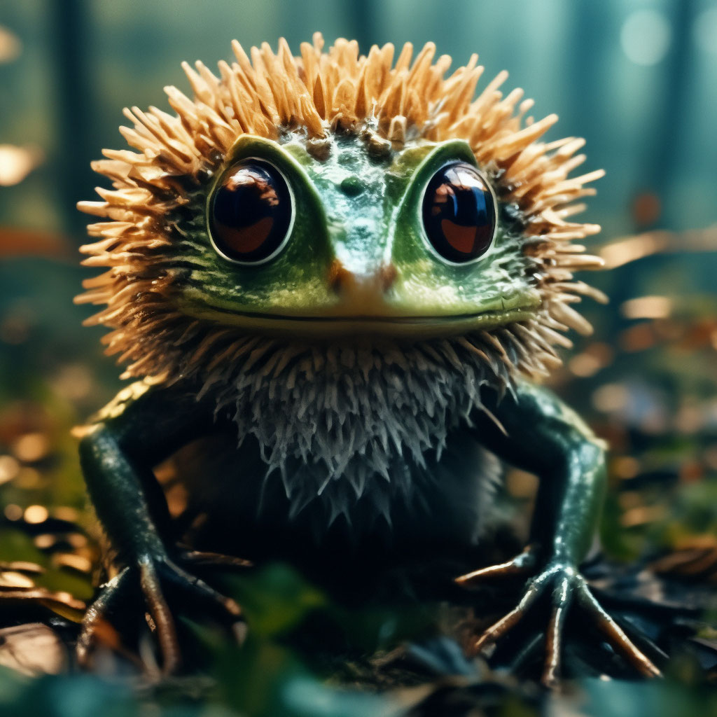 "Fluffy frog with big eyes similar to a hedgehog" — image created in ...