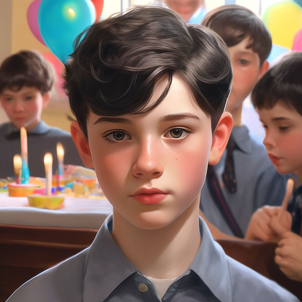 "A schoolboy with dark short hair, a slightly elongated face and a ...