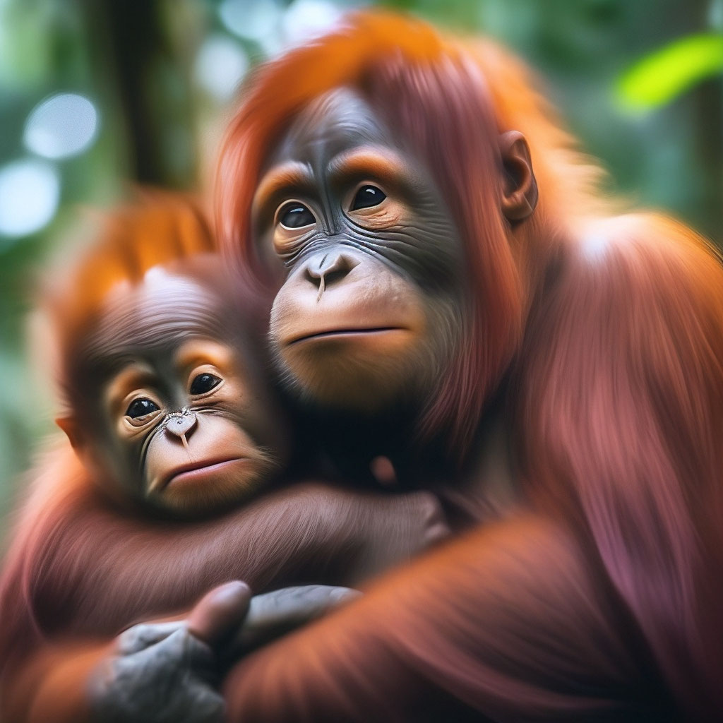 "A little orangutan is sitting in the arms of his mother, red-haired ...