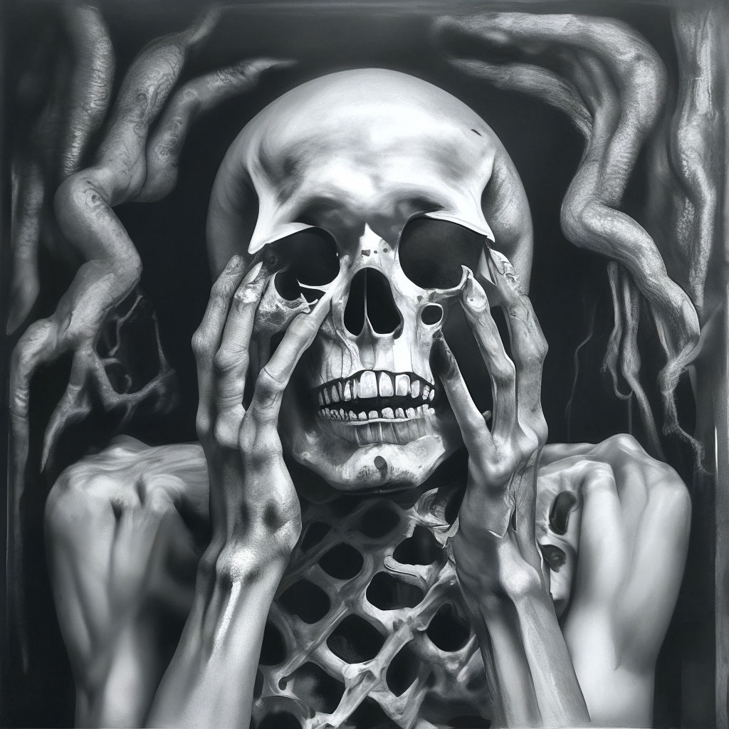 "Crying skull in hands black and white art" — image created in Shedevrum