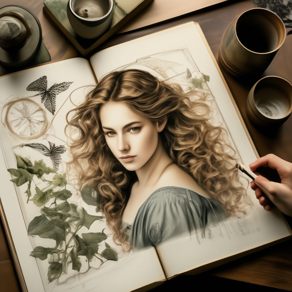 "Top view, pencil drawing on the table drawing of a girl in a botanical ...