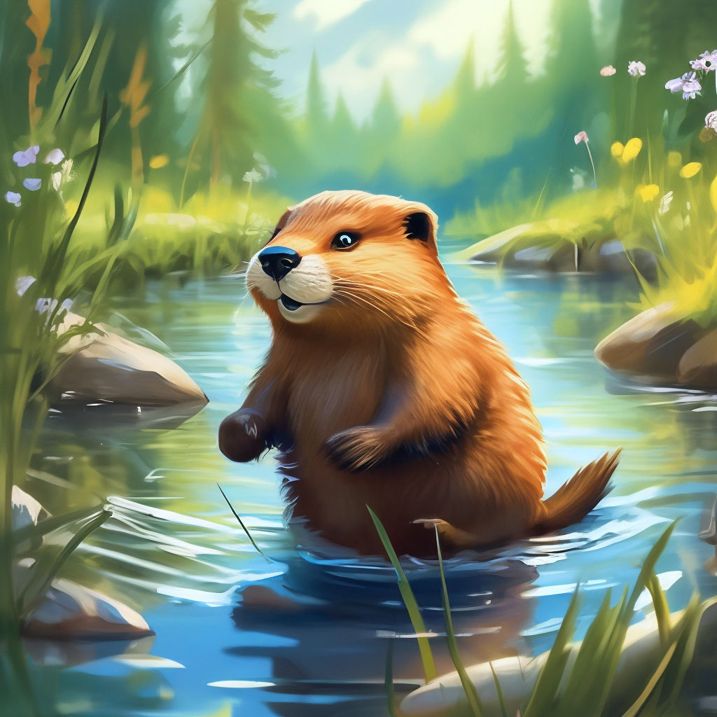 "Little beaver, river, day, summer, fairy tale illustration, naiv ...