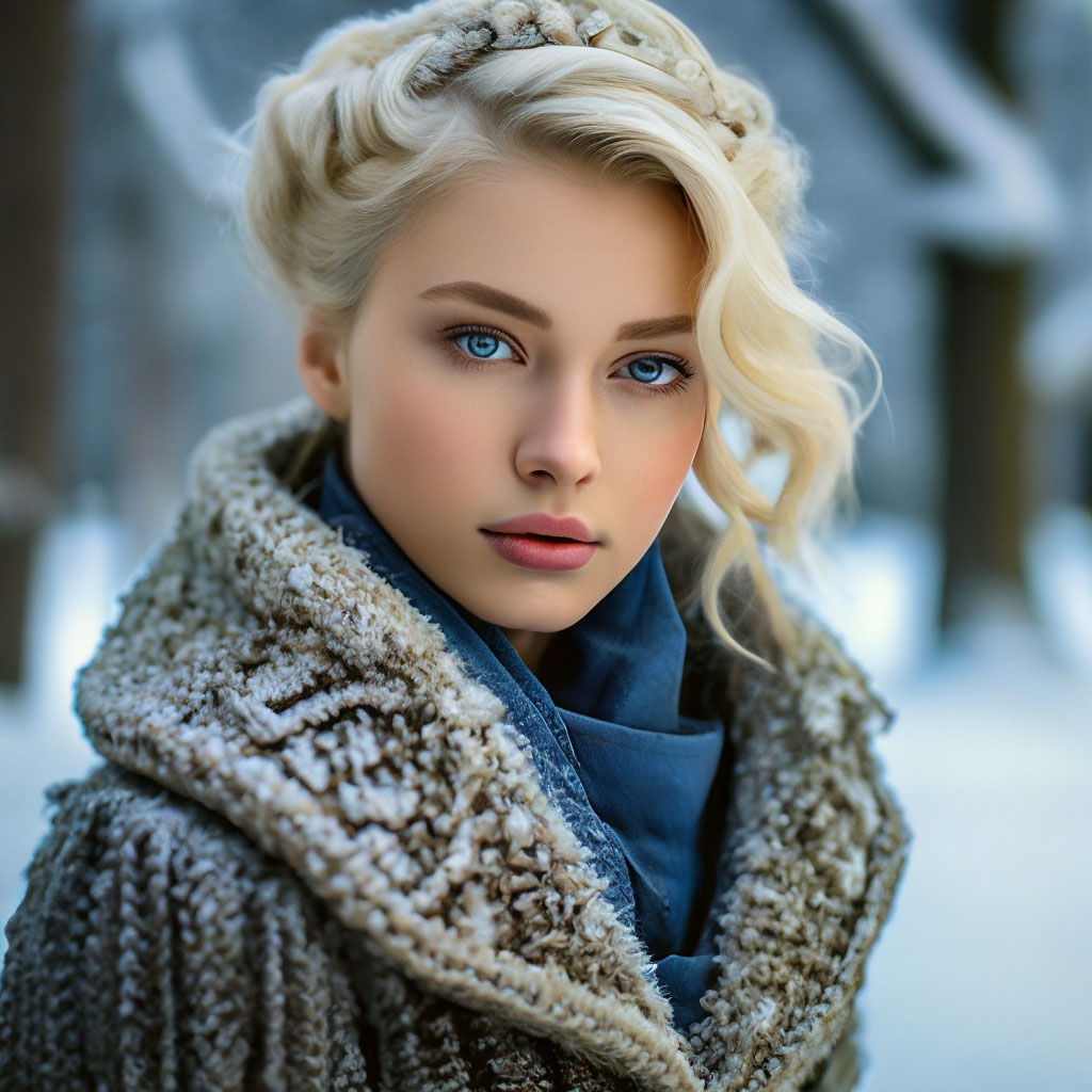 "Nineteen-year-old girl with blonde hair, blue eyes, sly look, delicate ...