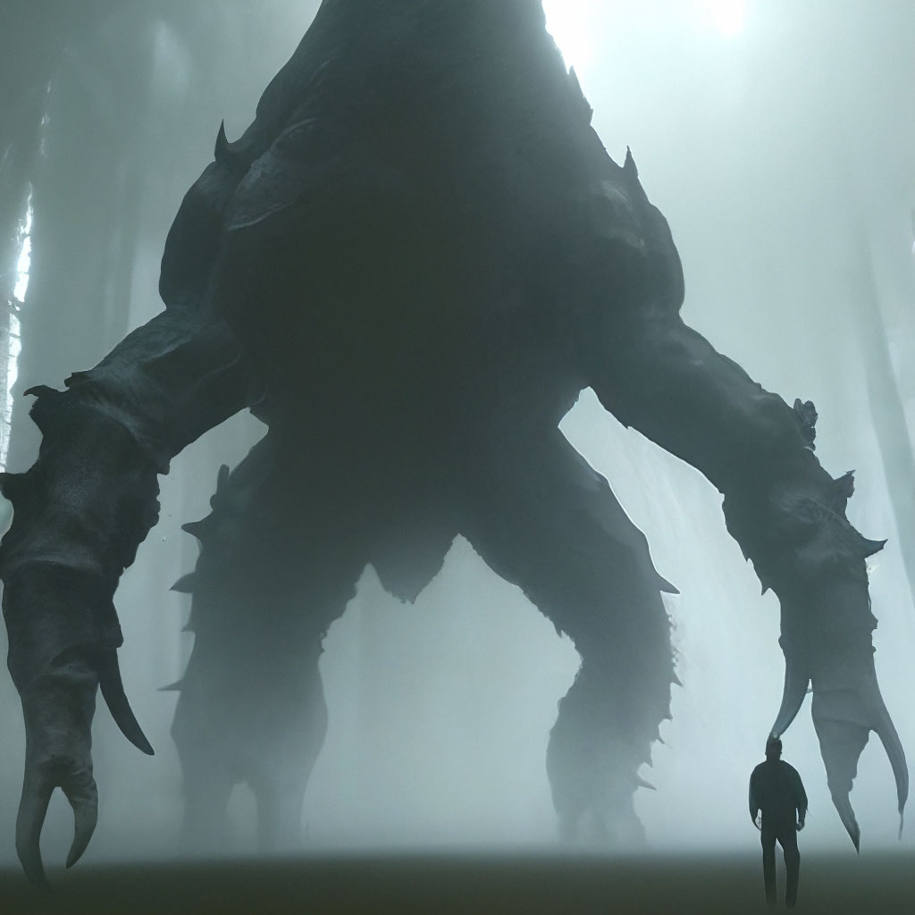 "A huge creature with six arms,no legs,completely black,has a jaw like ...