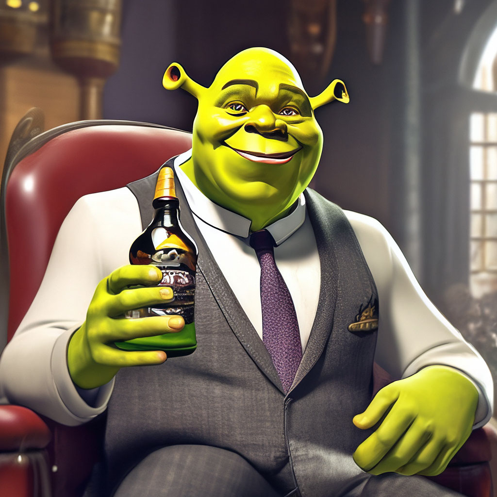 "Sigma Shrek with a bottle of whiskey in his hands in a business suit ...