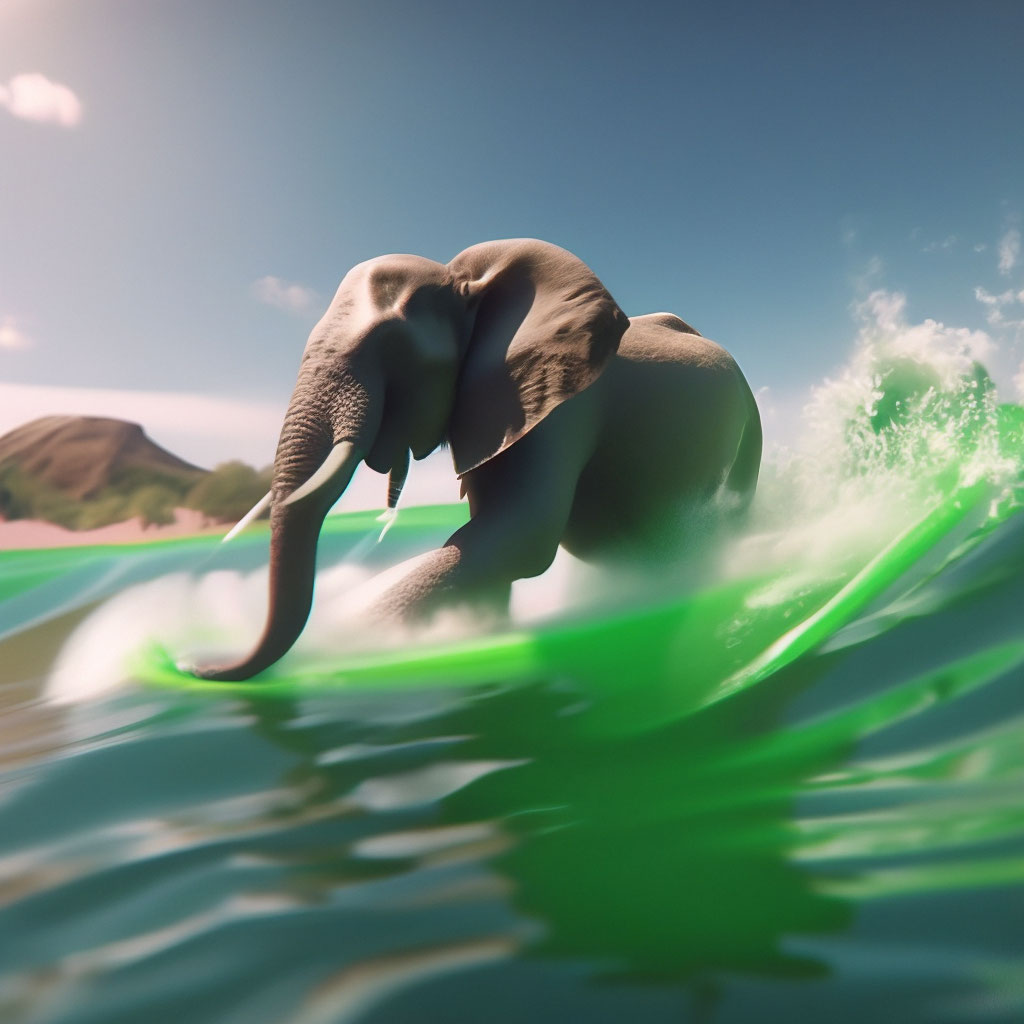 "A elefant surfing on a ocean of green kool-aid. Photorealistic 4k ...
