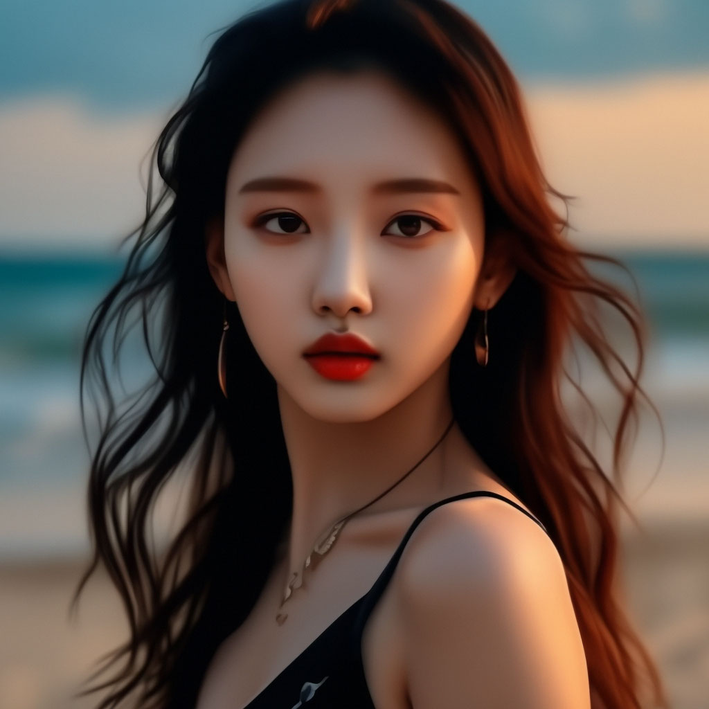 "Naen from Twice beautiful on the beach" — image created in Shedevrum