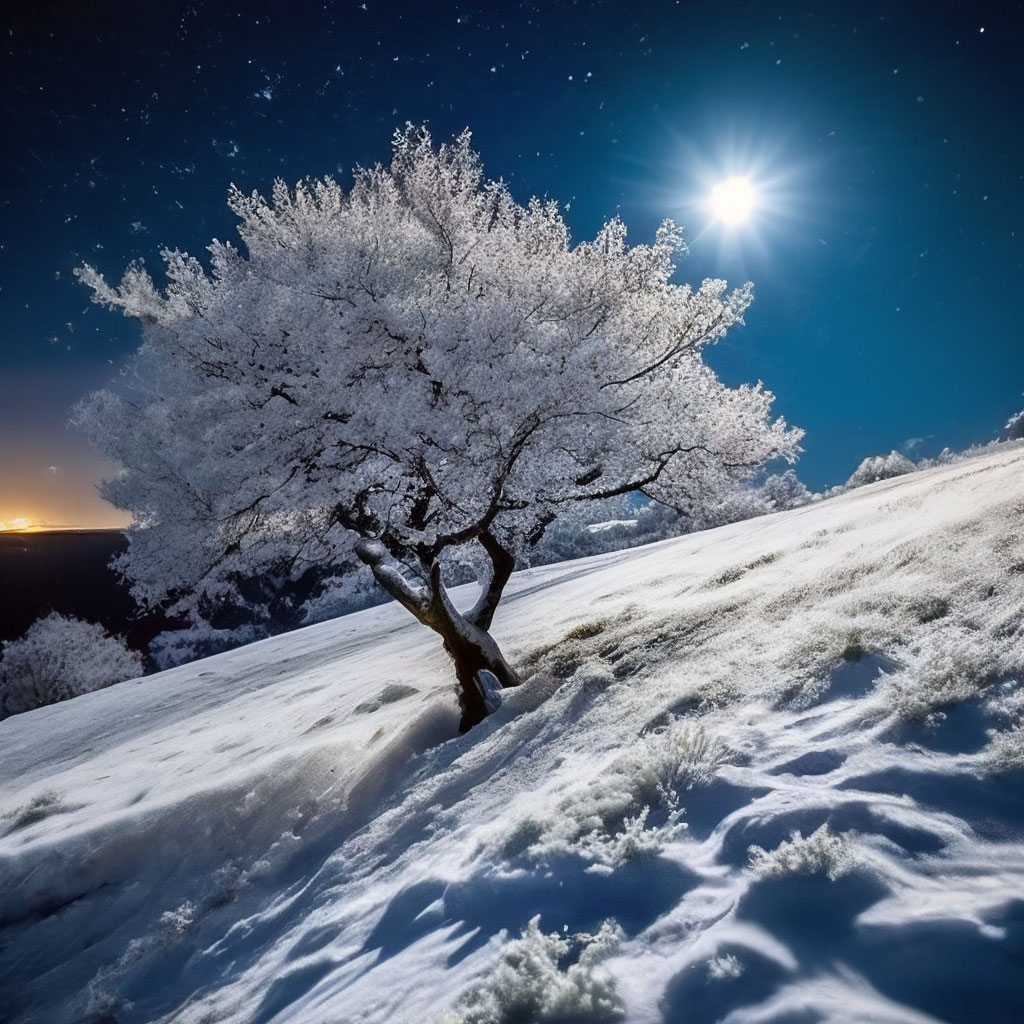 "Lime tree in snow and frost under the moonlight on the hill the snow ...