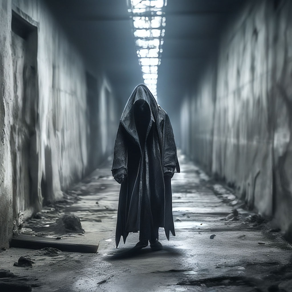 "In a long dark old shabby corridor there is a monster in a black ...