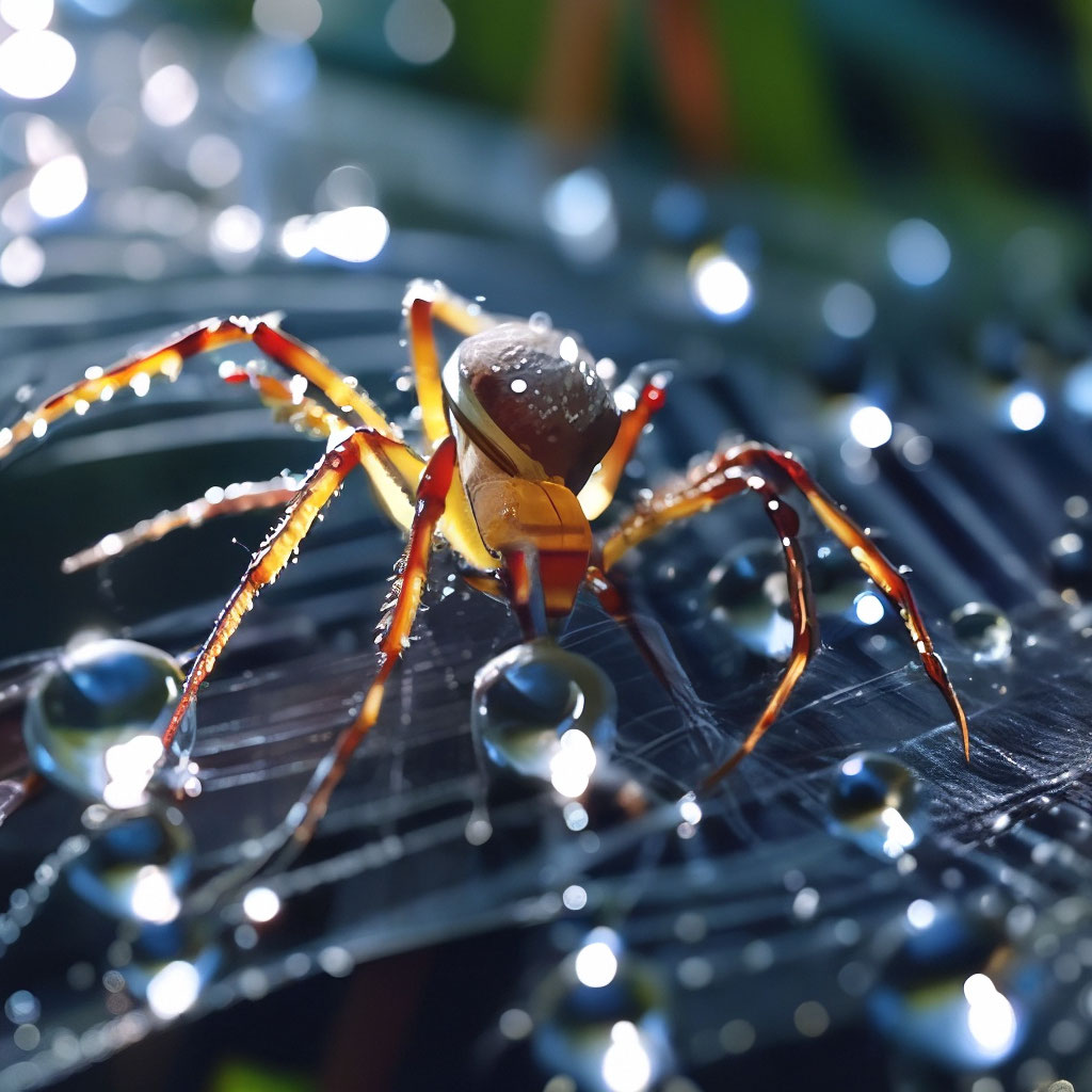 "Close-up,real,spider on the web sparkling dew drops" — image created ...